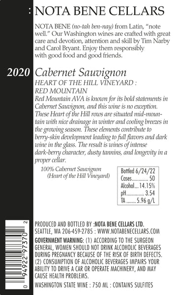 2020 :Nota Bene Cabernet Sauvignon - Heart of the Hill Vineyard – :Nota ...